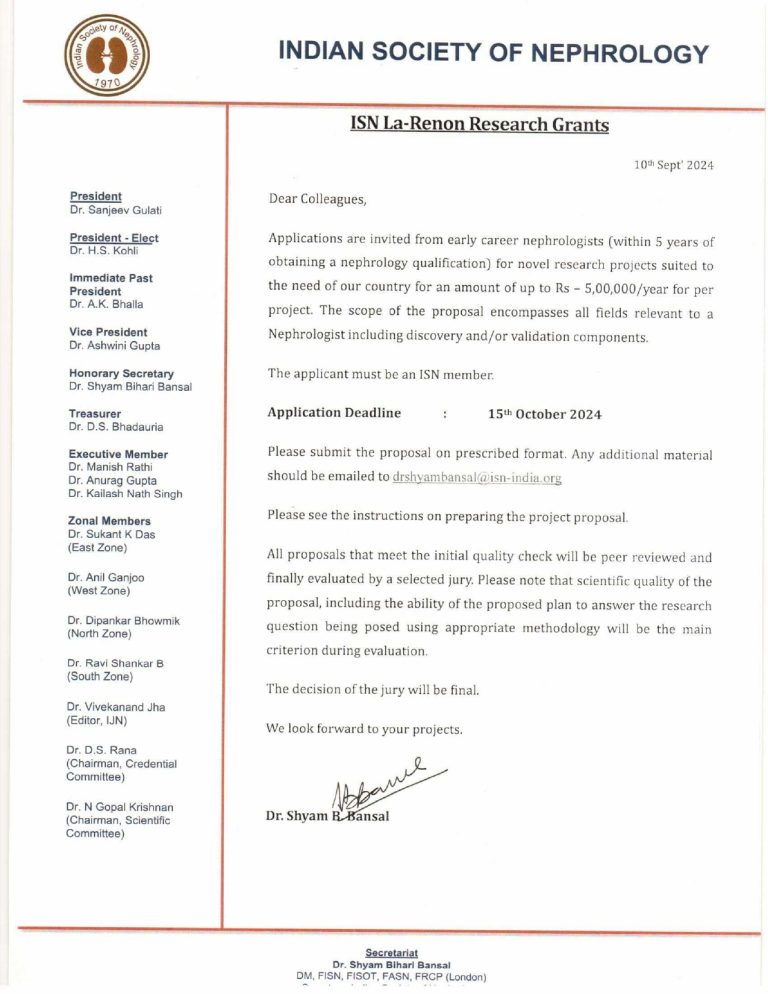 ISN La-Renon Research Grants – INDIAN SOCIETY OF NEPHROLOGY